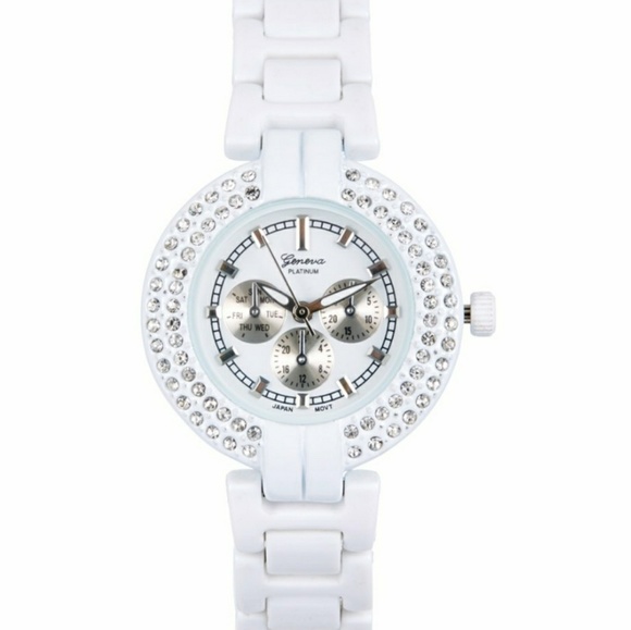 Geneva Platinum | Accessories | White Round Dial Rhinestone Bracelet ...
